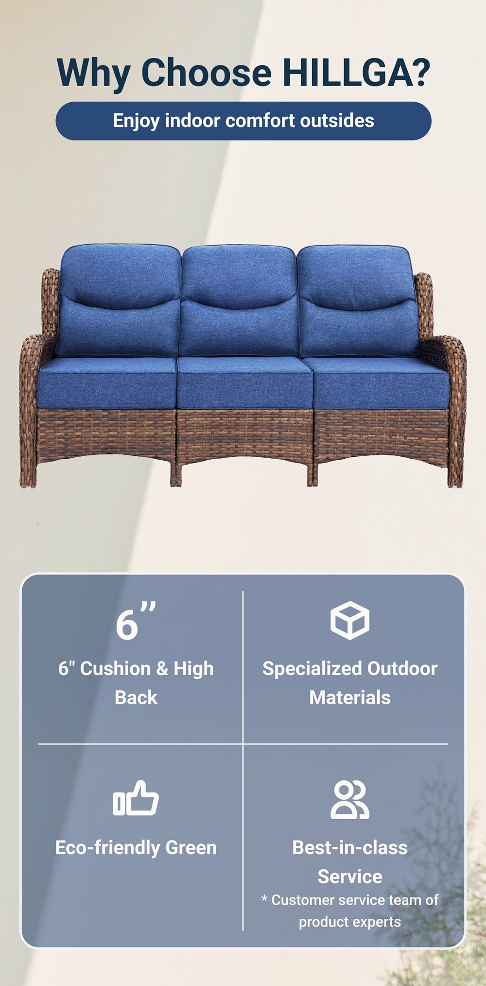 Hawthorne Patio Rattan 3 Seater Sofa With High Back Design & 6-Inch Cu