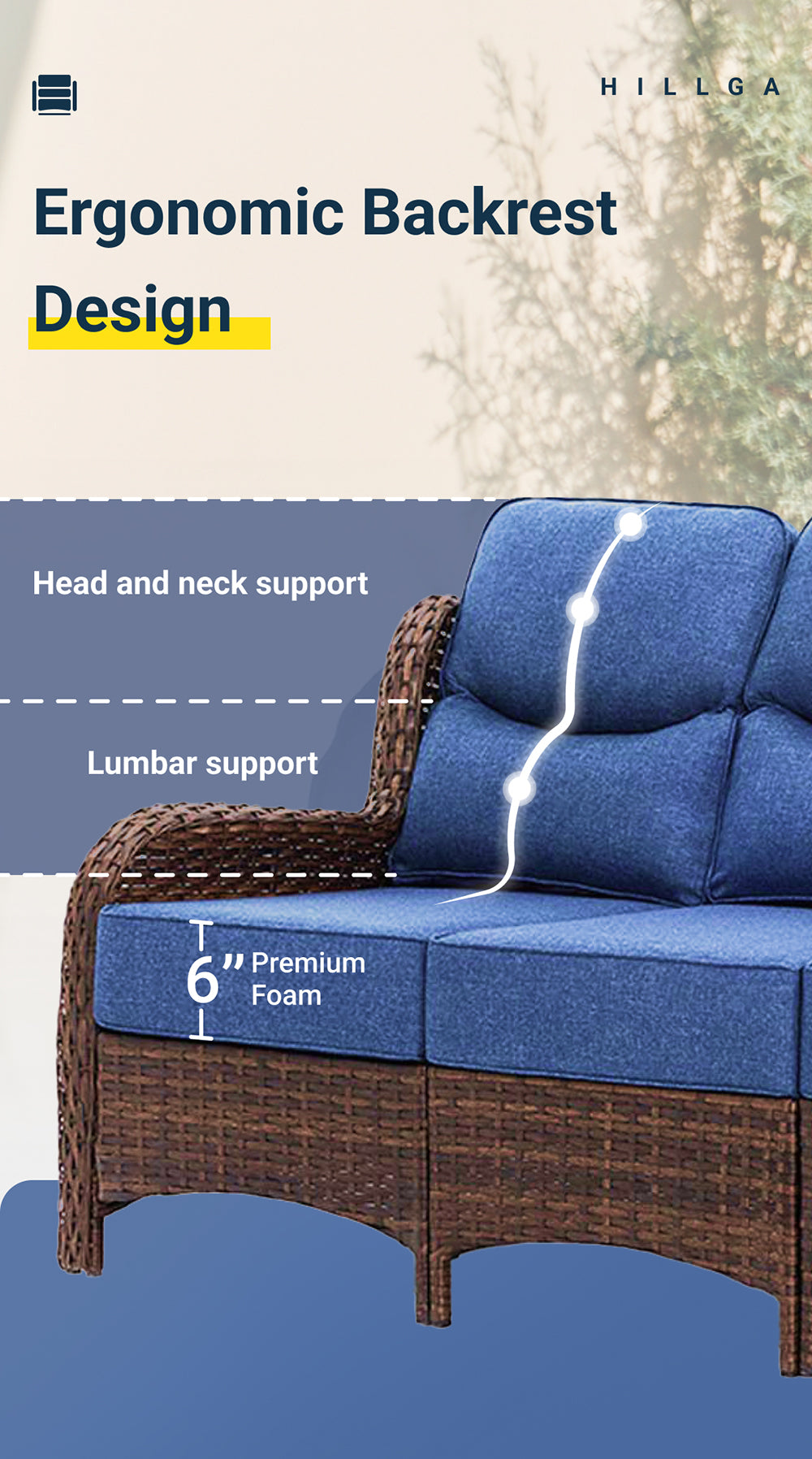 Hawthorne Patio Rattan 3 Seater Sofa With High Back Design & 6-Inch Cu